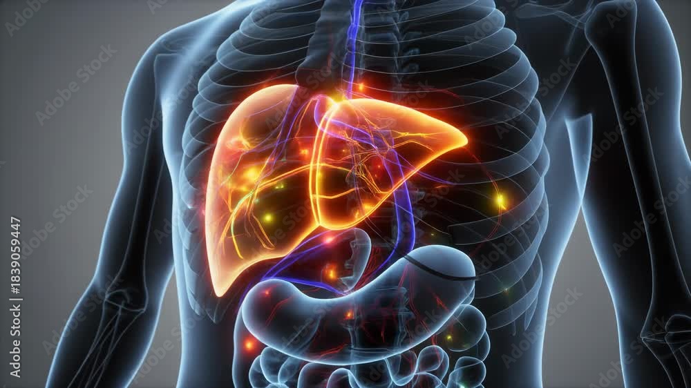 Anatomical 3D animation of the human liver in transparent body showing ...