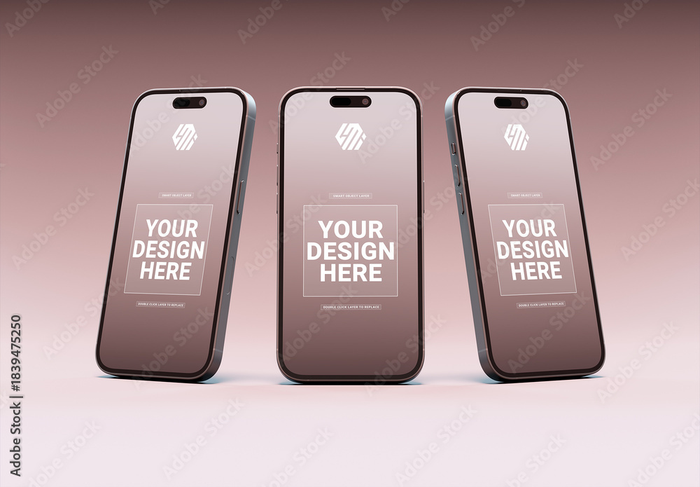 Three Smartphones Standing On Colored Background Mockup Stock Template ...