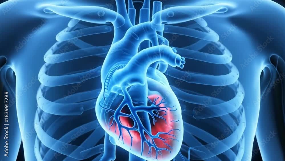 Realistic human heart beating animation. 3D medical render showing ...