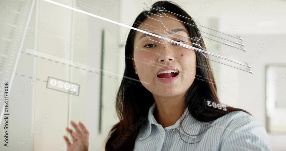 Woman raising hand and speaking, launching HUD year labels across face ...