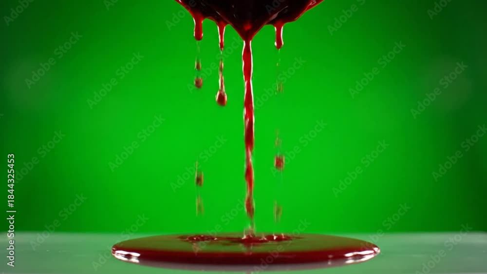 Blood pouring and dripping against a vivid green screen background ...
