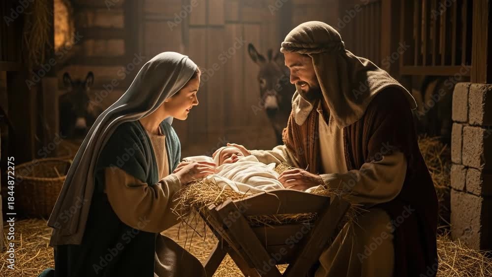 holy family nativity scene with middle eastern mary and joseph adoring ...