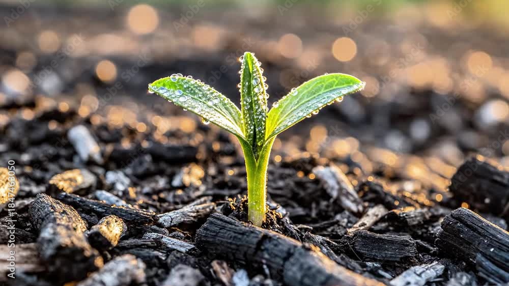 Sprouting seedling emerges from charred soil, resilient in harsh ...