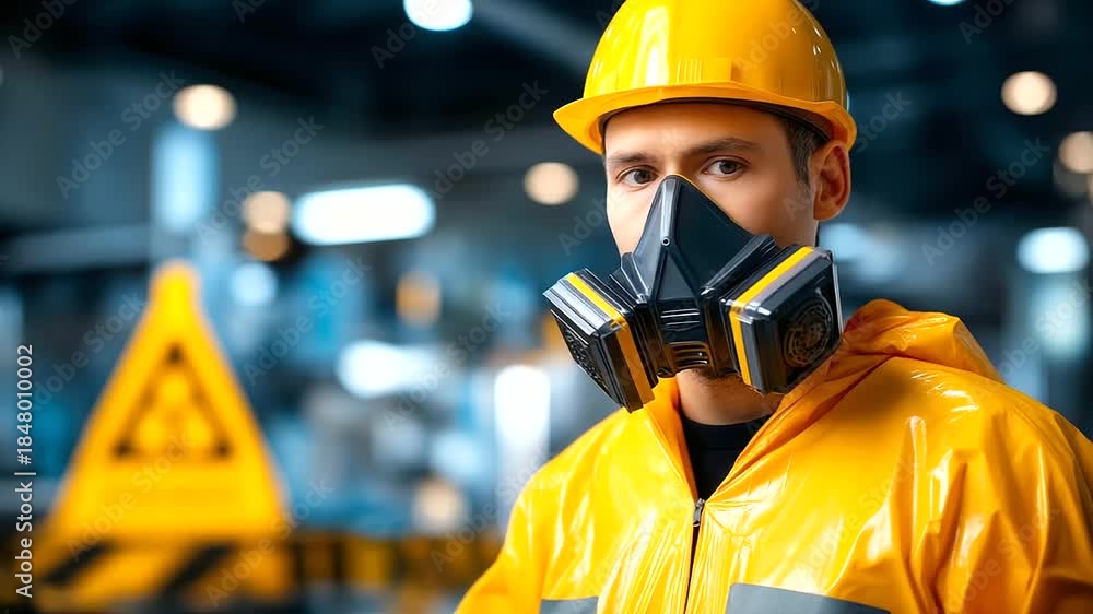 Faceless worker in full body chemical protection suit and respirator ...