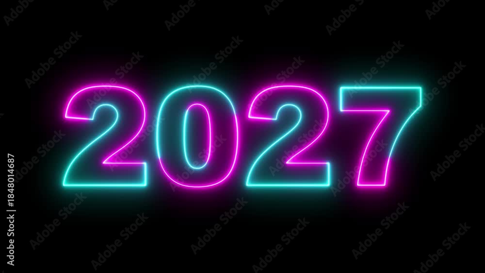 Happy New year 2027. Welcome 2027. Double ton neon glowing animation ...