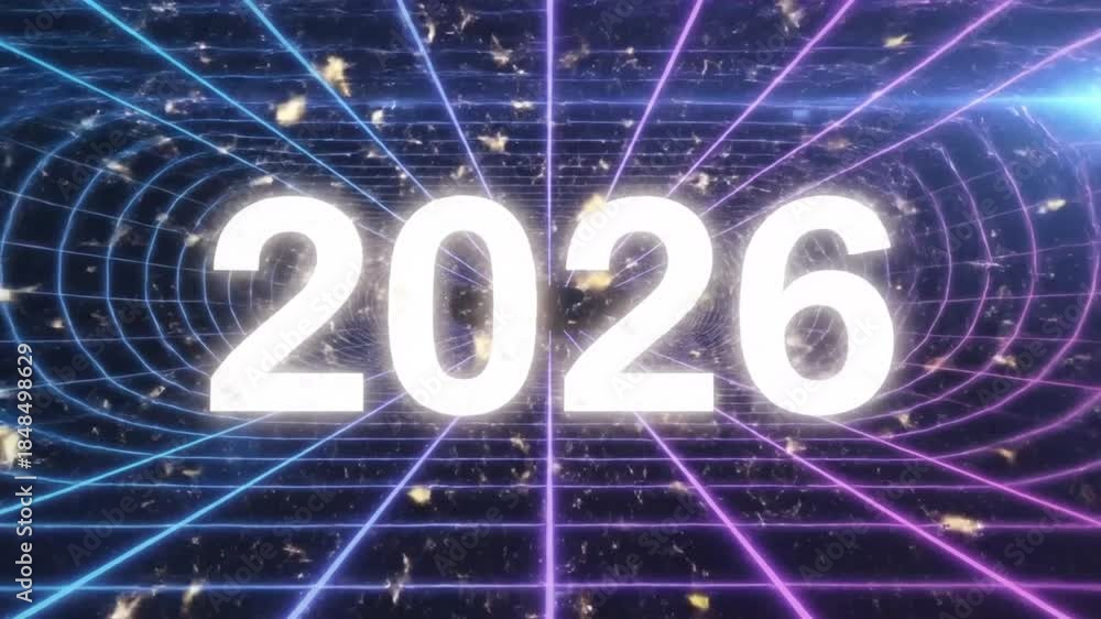 Retro 80s Cyber Tunnel Countdown to Year 2026 with Fireworks and Year ...