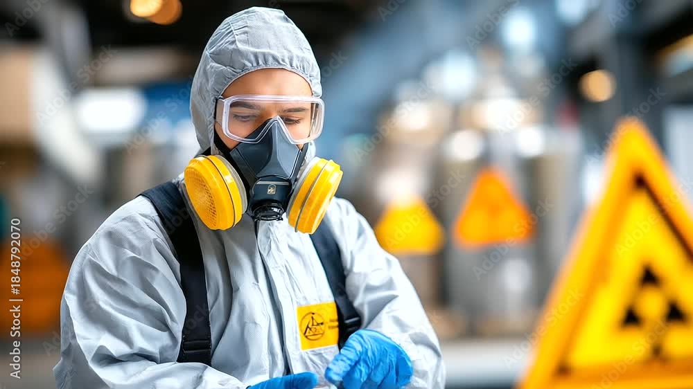 Faceless worker in full body chemical protection suit and respirator ...