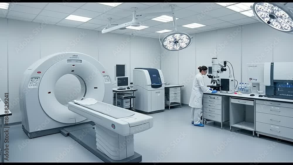 A modern, sterile medical imaging and research laboratory with a CT ...
