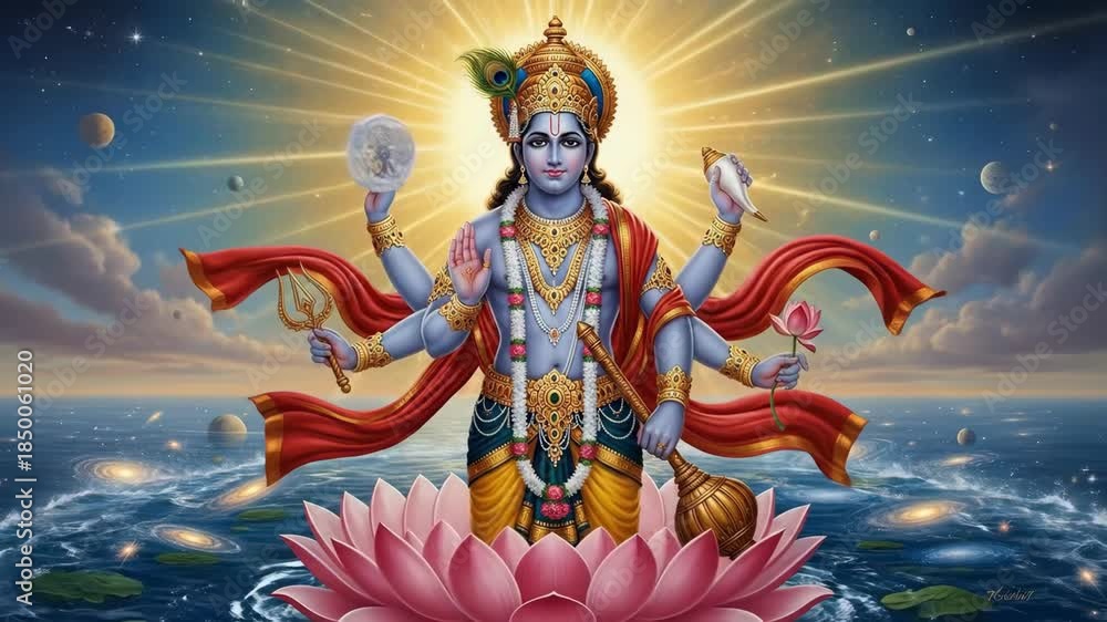 Divine Hindu God Lord Vishnu Standing on a Lotus Flower Over the Cosmic ...