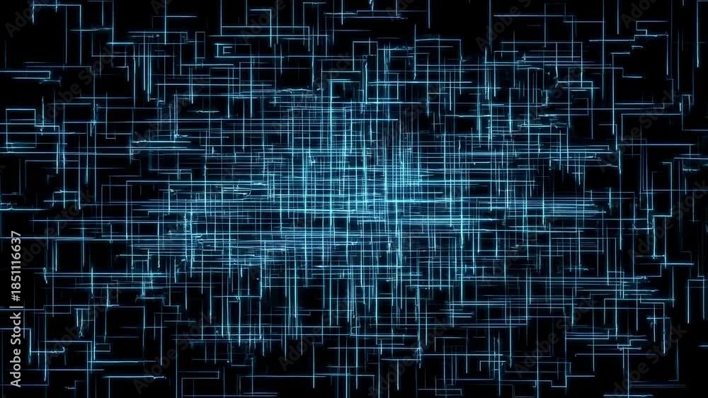 Dynamic glowing blue lines creating digital matrix effect on black ...