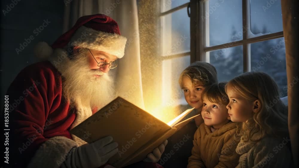 Santa Claus reading a glowing storybook to three captivated children by ...