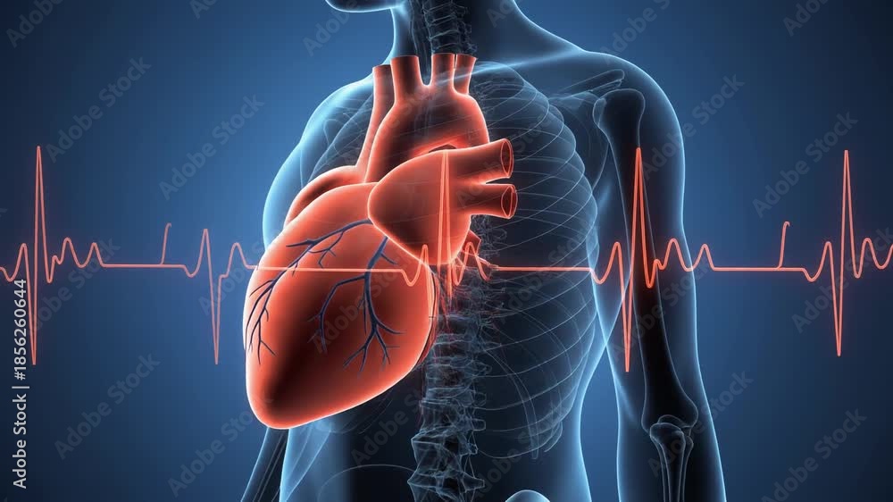 Rotating 3D medical animation of human heart pumping with ECG line on ...