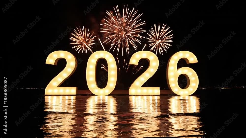 Illuminated marquee numbers 2026 floating on water at night with ...