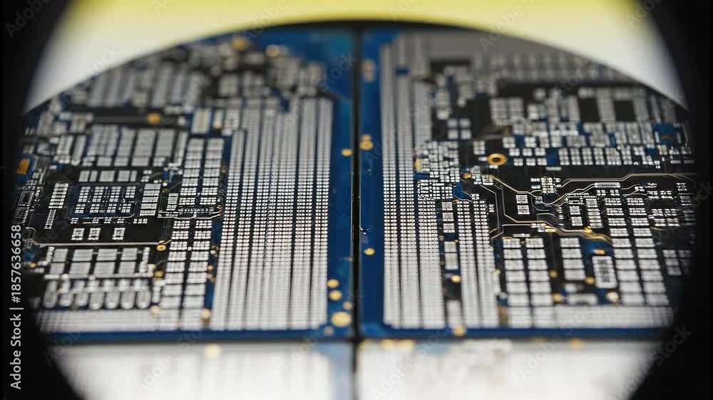 Silicon wafer under a high-precision microscope, showcasing microchip ...