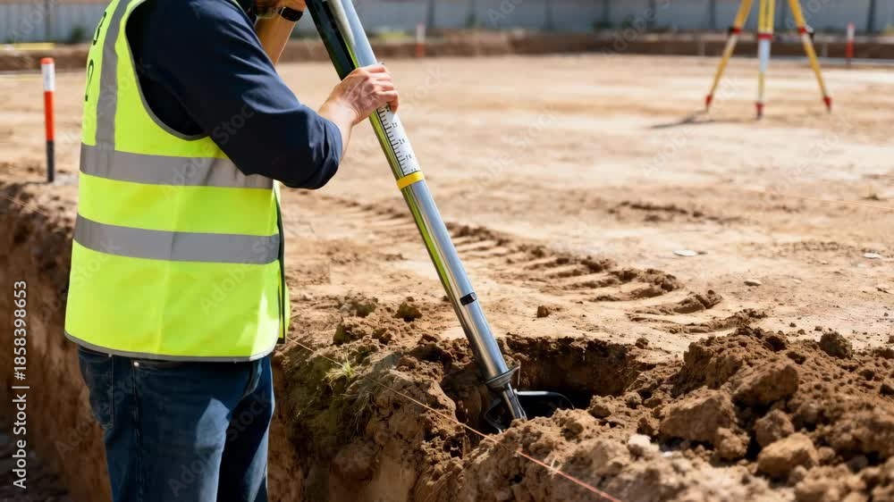 Technician measuring soil compaction with a penetrometer near a planned ...