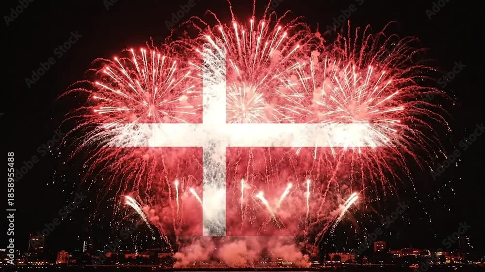 Denmark Flag Fireworks Explosion Red White Cross. Spectacular Danish ...