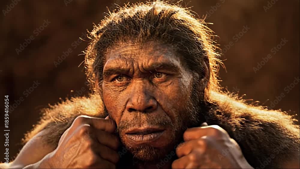 Realistic portrait of a neanderthal man with thick hair and brow ridge ...