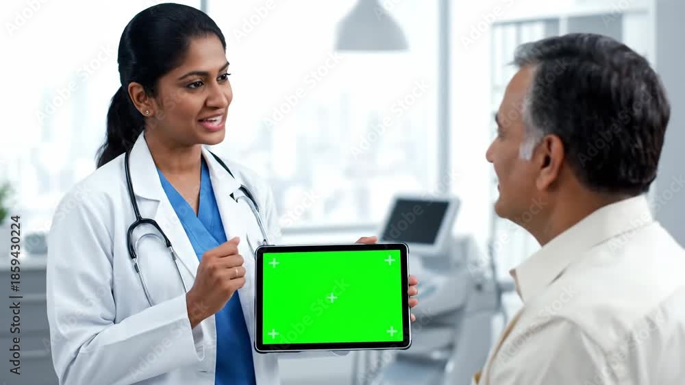 Indian Doctor Shows Patient Green Screen Tablet Medical Technology ...