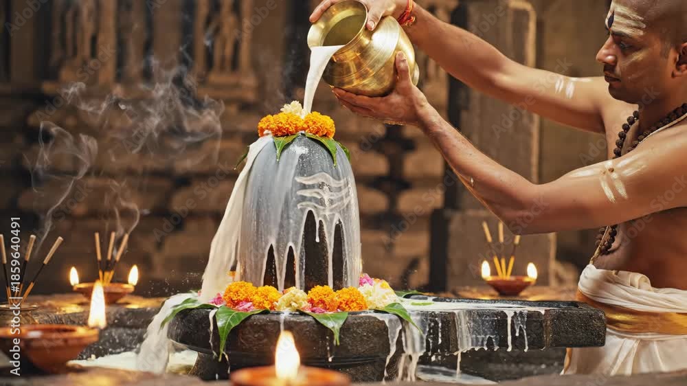 A hindu priest pours milk onto a shiva lingam during abhishekam ...