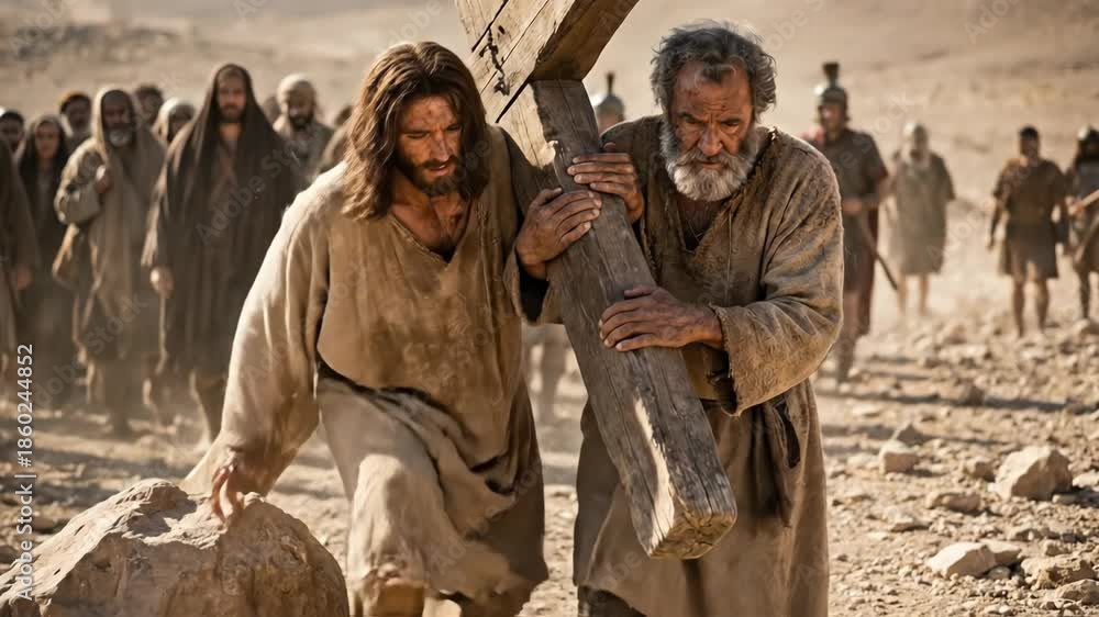 Simon of Cyrene helping exhausted Jesus Christ carry heavy wooden cross ...