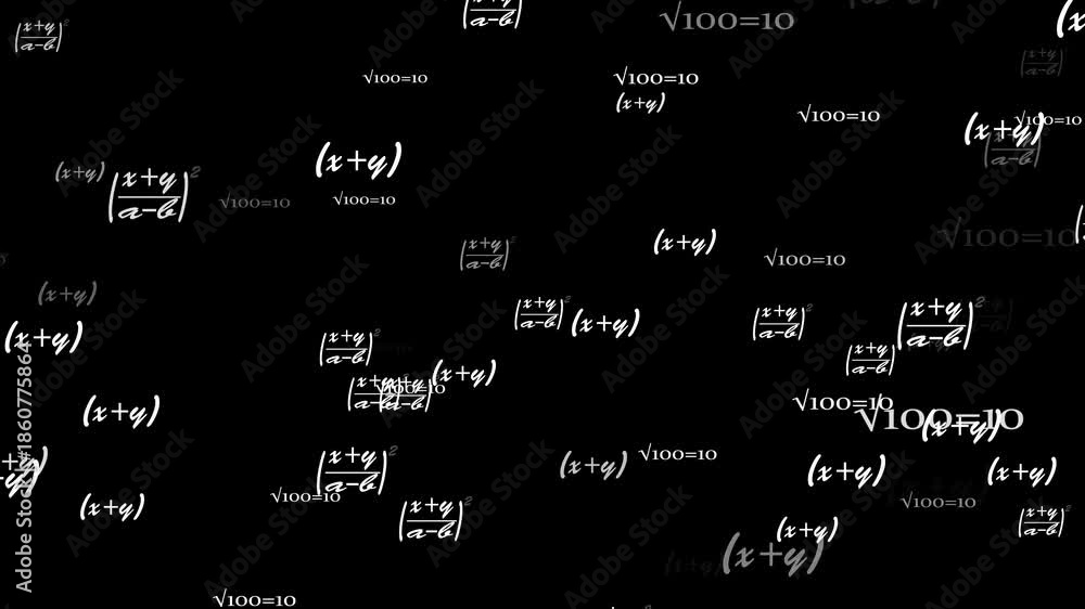 Mathematical formulas particle failing with dust animation on black ...