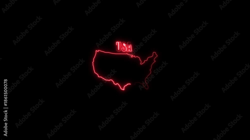 Neon U S A Map Outline on Black Background with Glowing Red Borders and ...