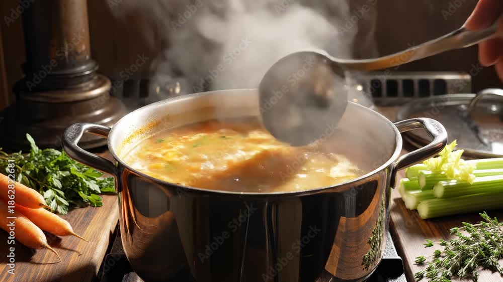 Simmering Soup in a Pot With Steam on a Wood Table Stock ビデオ | Adobe Stock