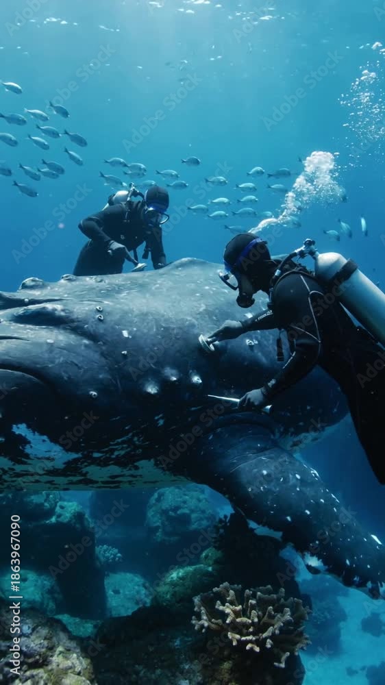 People are cleaning barnacles off whales underwater. Stock ビデオ | Adobe ...