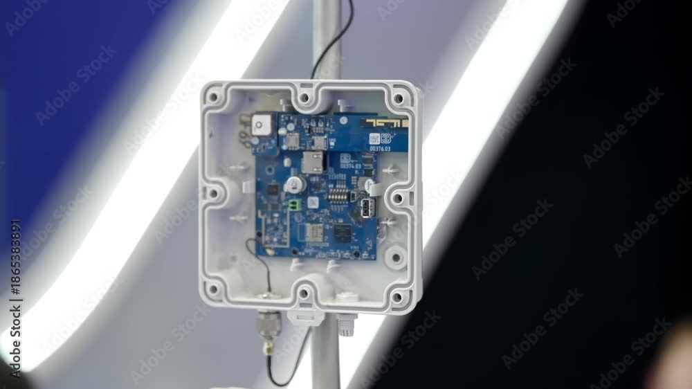 Close-up of a mounted electronics enclosure with an exposed blue ...