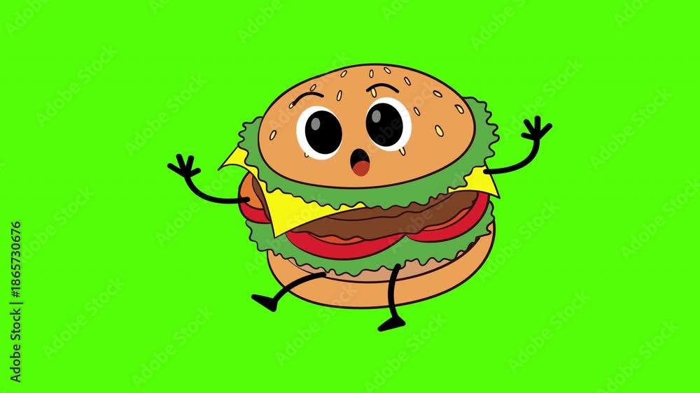 Scared hamburger cartoon character running green screen animation Stock ...