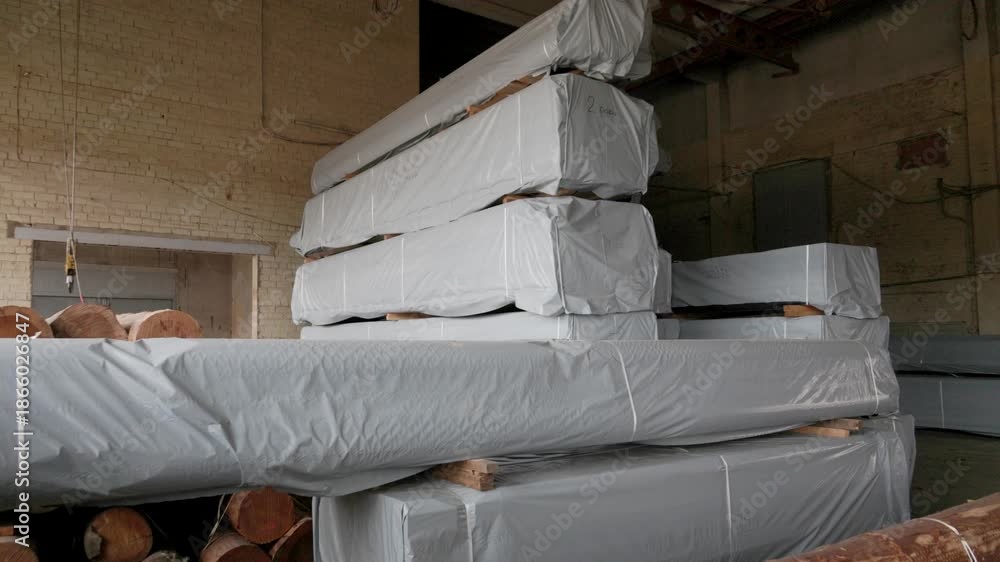 Large wrapped timber beams and unprocessed logs are stored in an ...