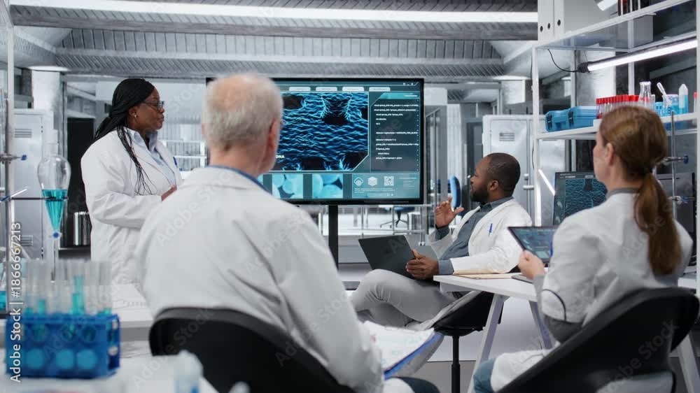Laboratory manager presenting innovative drug development findings to ...