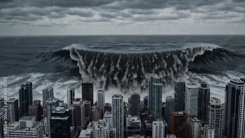 Tsunami city skyline ocean wave disaster storm dramatic water engulfs ...