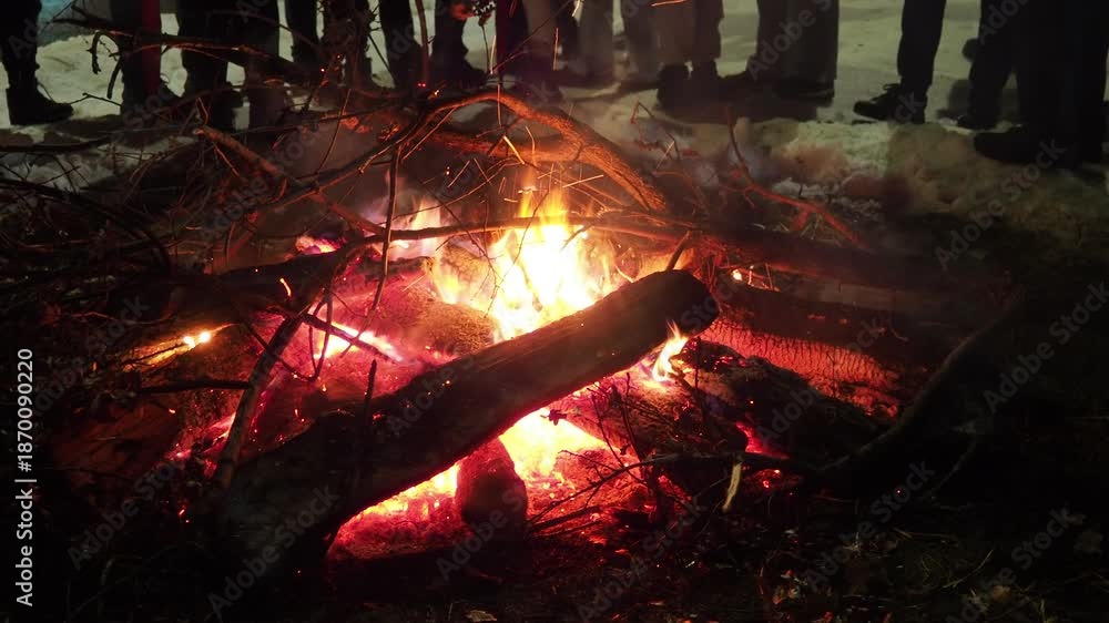 Orthodox Christmas celebration. Burning the Badnjak, fire with oak tree ...