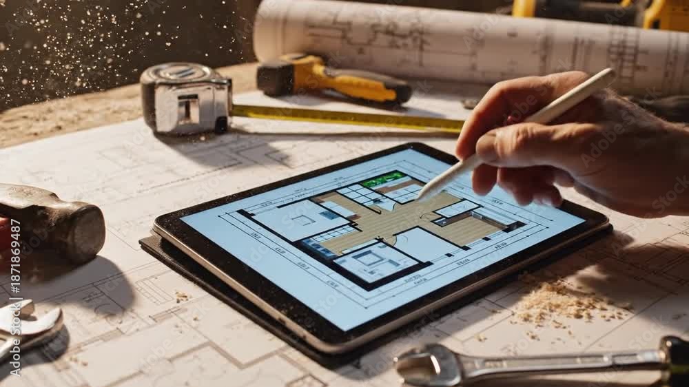 Tablet displays floor plan atop blueprint, amid tools, measuring ...