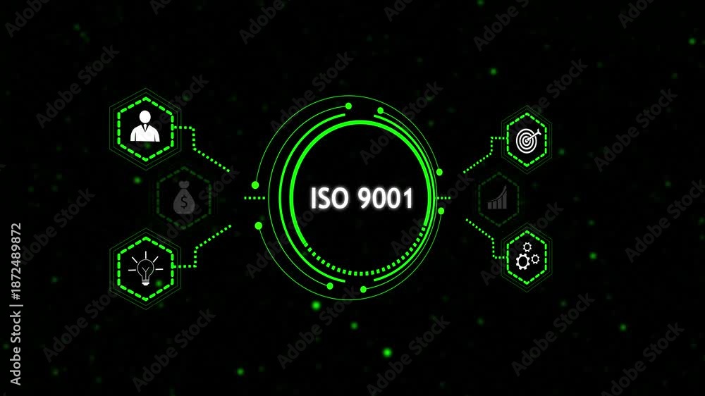 ISO 9001 quality management system interface animation. Compliance ...
