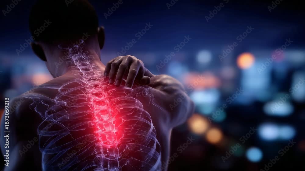 Illustrated view of man with back pain, hand on upper back, highlighted ...