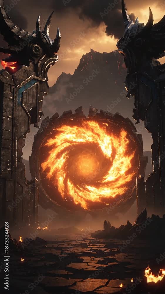 Demonic stone portal swirling with fire in volcanic landscape. Hell ...