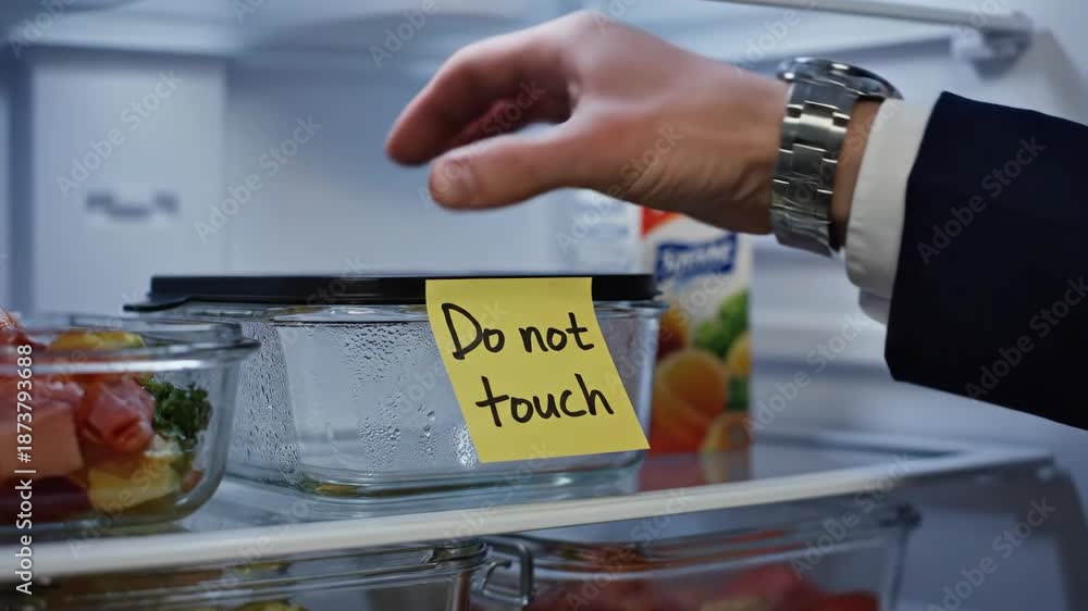 Man reaching for lunch container in refrigerator with Do not touch ...