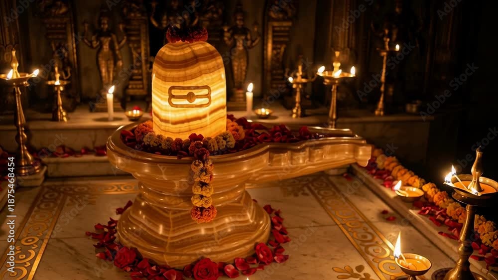 A beautifully decorated Shiva lingam surrounded by candles and flowers ...