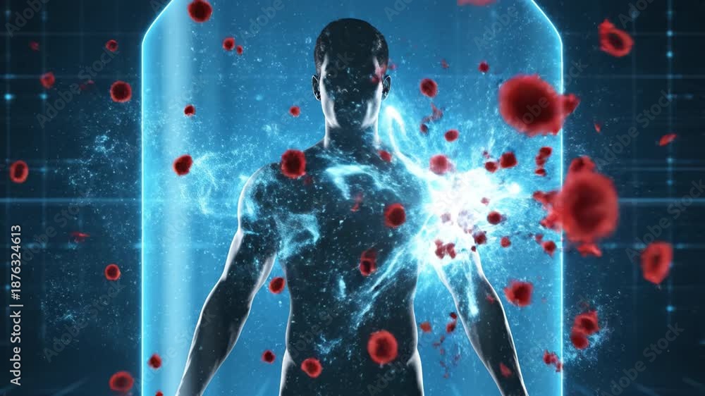 Silhouetted human male silhouette glowing medical chamber with floating ...