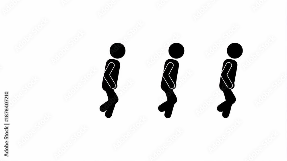 Animated stick figures walking in a line with backpacks. Group of three ...