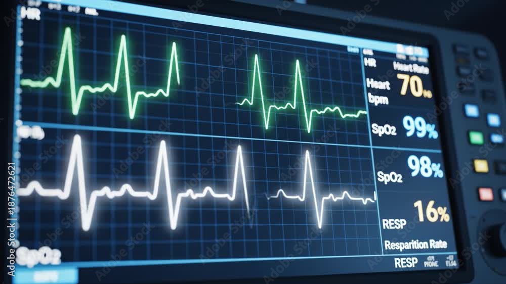 Hospital patient monitor displaying real time ECG waveform heart rate ...