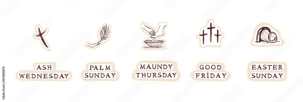 Plagát Holy week 2026 Easter Icon picture set with Jesus , ash cross ...