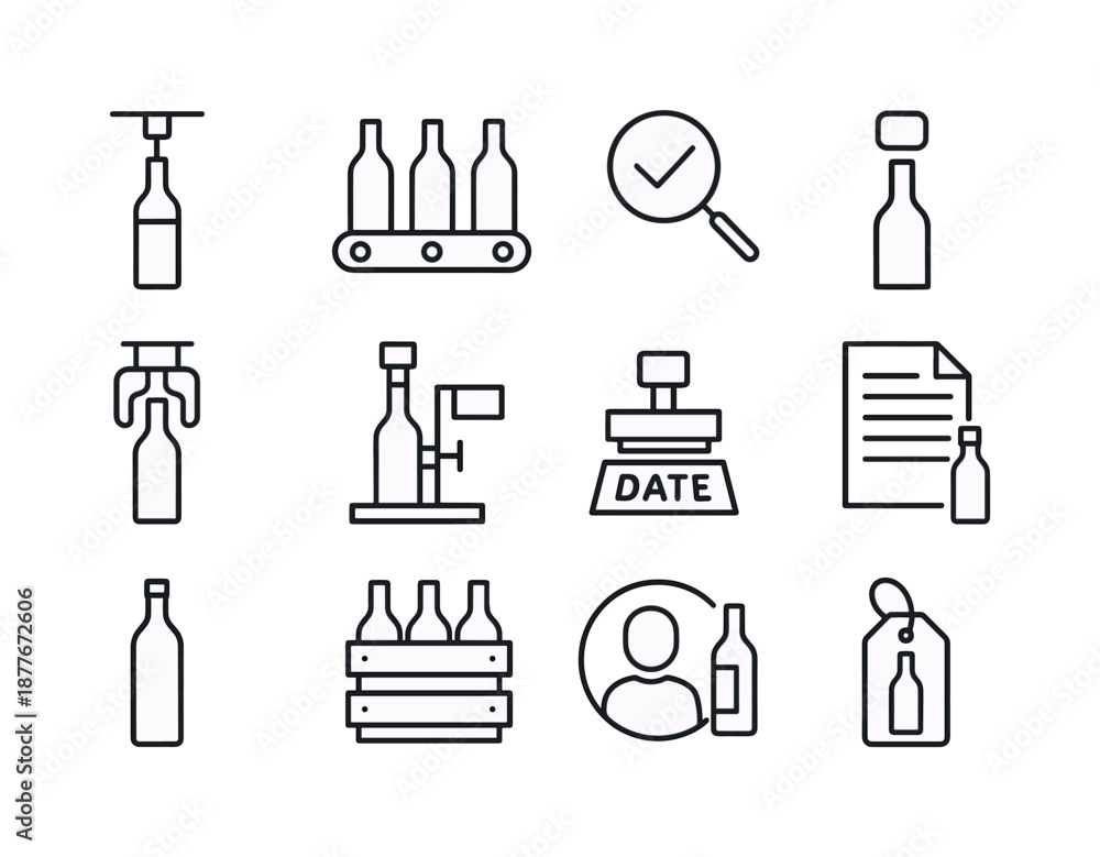 Wine Bottling Outline Icons. Wine Bottling Process. Line icon set of ...