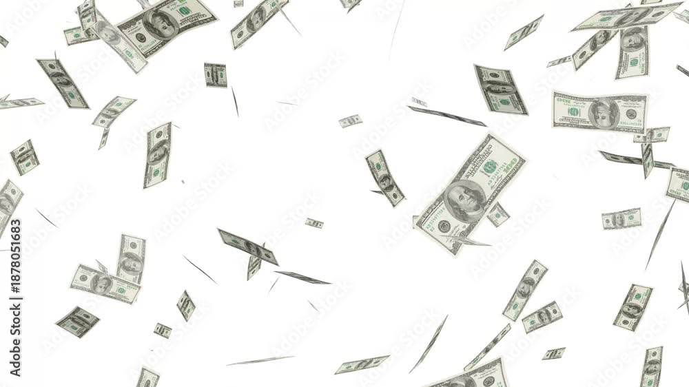Money explosion overlay isolated white screen chroma key. flying dollar ...