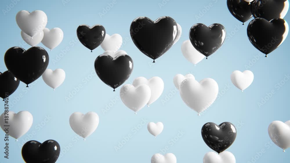 Black and white heart shaped balloons floating up against a light blue ...