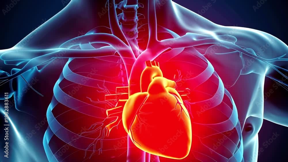 Cinematic 4K 3D human anatomy semi-transparent torso, glowing red heart ...