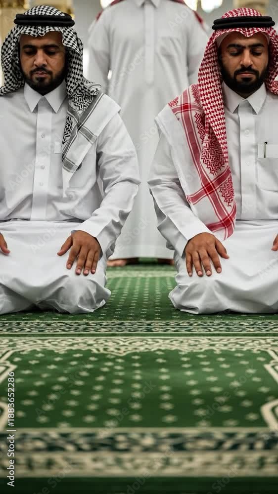 Prayer Focus of Two Muslim Men Bowing on Green Carpet in a Mosque ...