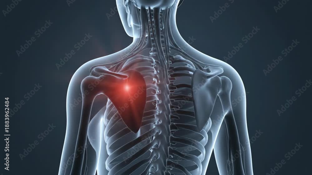 Shoulder pain location on human anatomy with red highlight. Medical ...